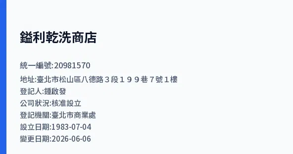 鎰利乾洗商店的照片-統編 20981570(臺北市) 公司登記資料與營業項目詳細圖表