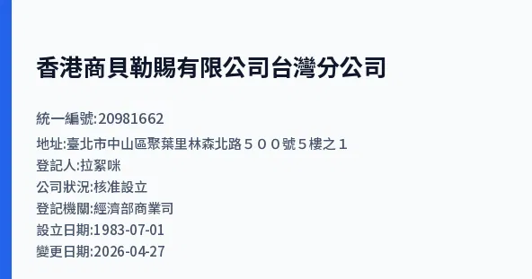 香港商貝勒賜有限公司台灣分公司的照片-統編 20981662(臺北市) 公司登記資料與營業項目詳細圖表