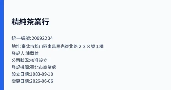 精純茶業行的照片-統編 20992204(臺北市) 公司登記資料與營業項目詳細圖表
