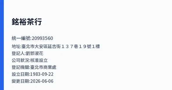銘裕茶行的照片-統編 20993560(臺北市) 公司登記資料與營業項目詳細圖表