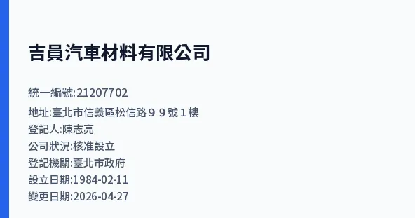 吉員汽車材料有限公司的照片-統編 21207702(臺北市) 公司登記資料與營業項目詳細圖表