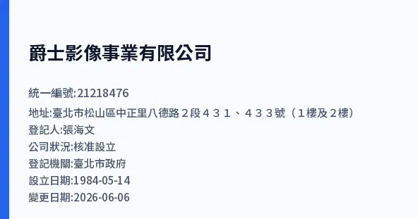 爵士影像事業有限公司的照片-統編 21218476(臺北市) 公司登記資料與營業項目詳細圖表