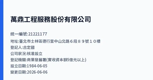萬鼎工程服務股份有限公司的照片-統編 21221177(臺北市) 公司登記資料與營業項目詳細圖表