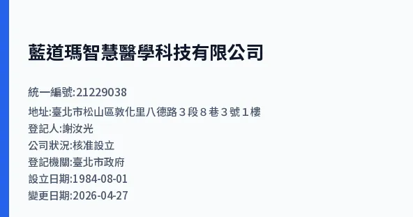 藍道瑪智慧醫學科技有限公司的照片-統編 21229038(臺北市) 公司登記資料與營業項目詳細圖表