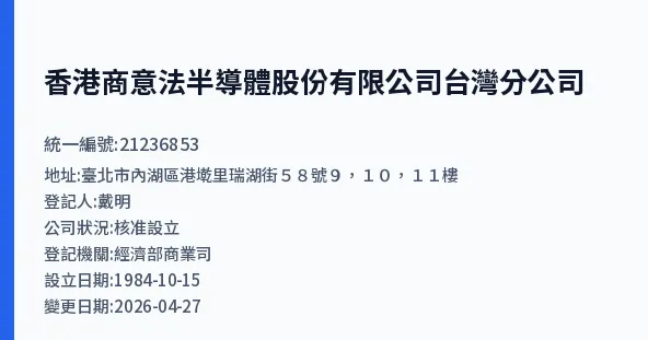 香港商意法半導體股份有限公司台灣分公司的照片-統編 21236853(臺北市) 公司登記資料與營業項目詳細圖表