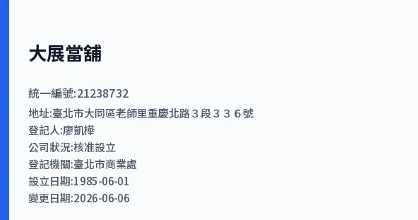 大展當舖的照片-統編 21238732(臺北市) 公司登記資料與營業項目詳細圖表