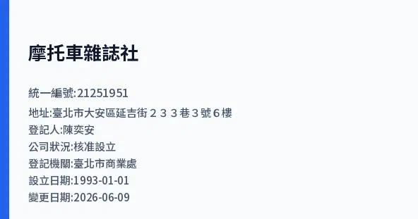 摩托車雜誌社的照片-統編 21251951(臺北市) 公司登記資料與營業項目詳細圖表