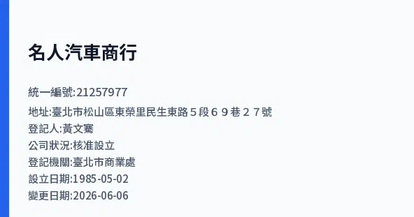 名人汽車商行的照片-統編 21257977(臺北市) 公司登記資料與營業項目詳細圖表