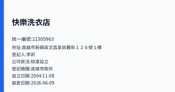 快樂洗衣店的照片-統編 21305963(高雄市) 公司登記資料與營業項目詳細圖表