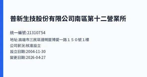 普新生技股份有限公司南區第十二營業所的照片-統編 21310754(高雄市) 公司登記資料與營業項目詳細圖表