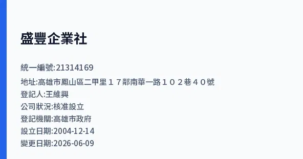 盛豐企業社的照片-統編 21314169(高雄市) 公司登記資料與營業項目詳細圖表