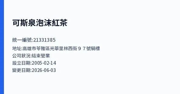 可斯泉泡沫紅茶的照片-統編 21331385(高雄市) 公司登記資料與營業項目詳細圖表