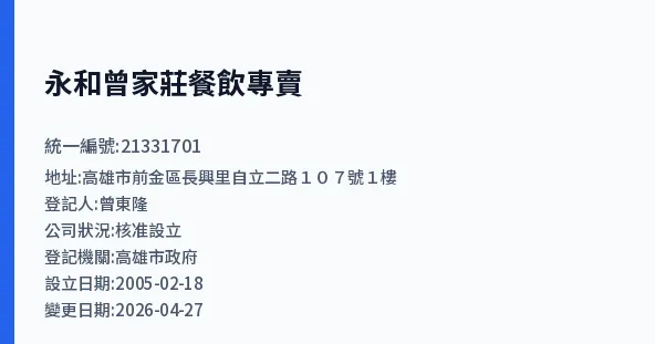 永和曾家莊餐飲專賣的照片-統編 21331701(高雄市) 公司登記資料與營業項目詳細圖表