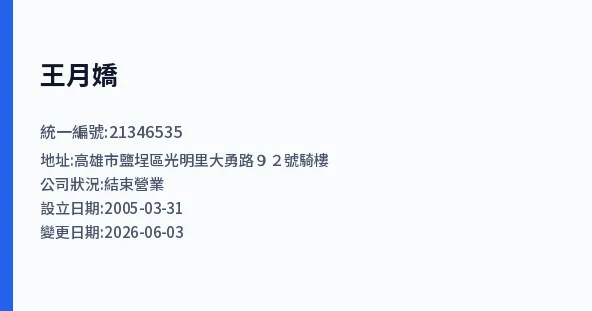 王月嬌的照片-統編 21346535(高雄市) 公司登記資料與營業項目詳細圖表