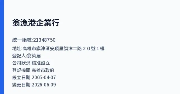 翁漁港企業行的照片-統編 21348750(高雄市) 公司登記資料與營業項目詳細圖表
