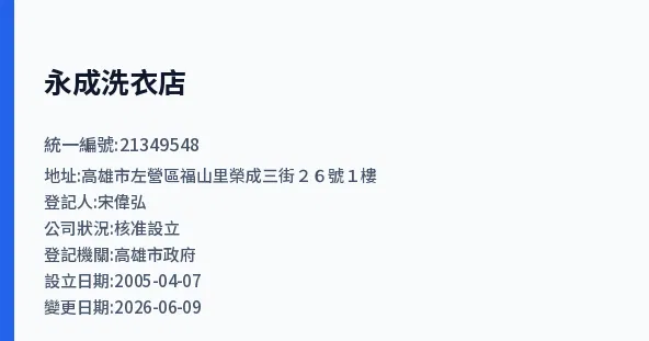 永成洗衣店的照片-統編 21349548(高雄市) 公司登記資料與營業項目詳細圖表