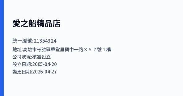 愛之船精品店的照片-統編 21354324(高雄市) 公司登記資料與營業項目詳細圖表