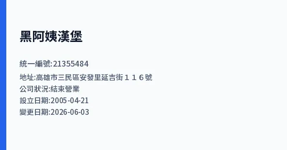 黑阿姨漢堡的照片-統編 21355484(高雄市) 公司登記資料與營業項目詳細圖表