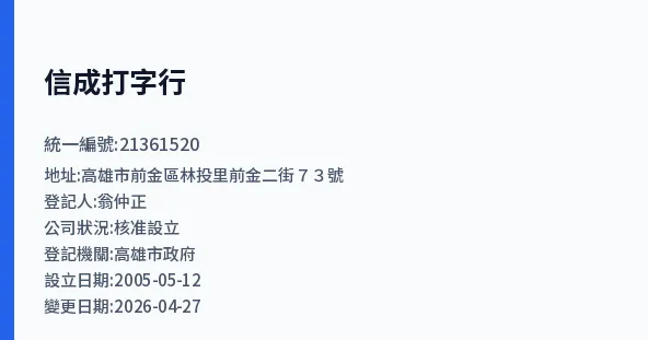 信成打字行的照片-統編 21361520(高雄市) 公司登記資料與營業項目詳細圖表