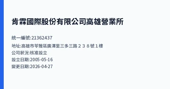 肯霖國際股份有限公司高雄營業所的照片-統編 21362437(高雄市) 公司登記資料與營業項目詳細圖表