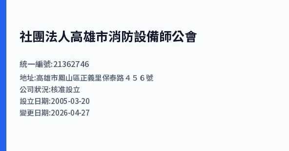 社團法人高雄市消防設備師公會的照片-統編 21362746(高雄市) 公司登記資料與營業項目詳細圖表