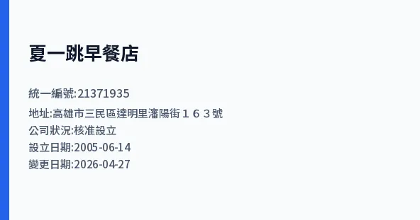 夏一跳早餐店的照片-統編 21371935(高雄市) 公司登記資料與營業項目詳細圖表