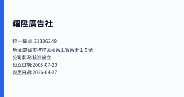 耀陞廣告社的照片-統編 21386249(高雄市) 公司登記資料與營業項目詳細圖表