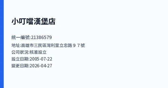 小叮噹漢堡店的照片-統編 21386579(高雄市) 公司登記資料與營業項目詳細圖表