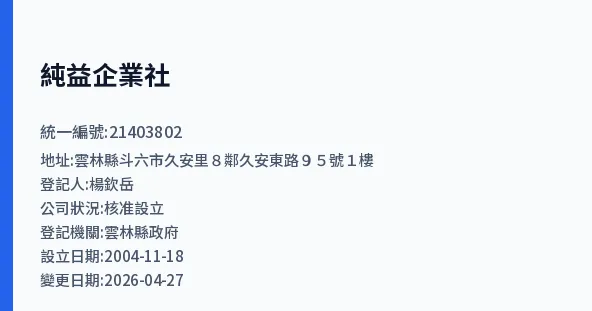 純益企業社的照片-統編 21403802(雲林縣) 公司登記資料與營業項目詳細圖表