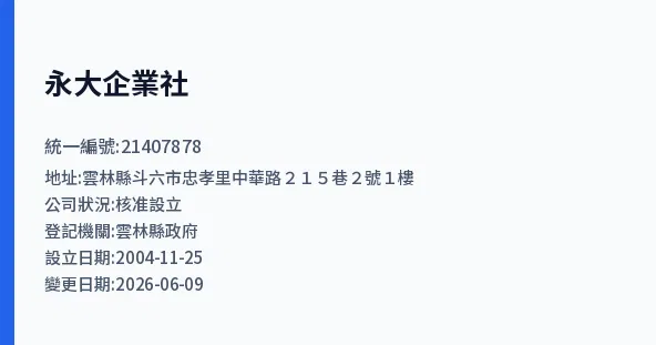 永大企業社的照片-統編 21407878(雲林縣) 公司登記資料與營業項目詳細圖表