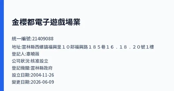 金櫻都電子遊戲場業的照片-統編 21409088(雲林縣) 公司登記資料與營業項目詳細圖表