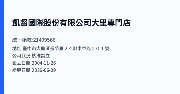 凱督國際股份有限公司大里專門店的照片-統編 21409566(臺中市) 公司登記資料與營業項目詳細圖表