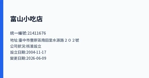 富山小吃店的照片-統編 21411676(臺中市) 公司登記資料與營業項目詳細圖表
