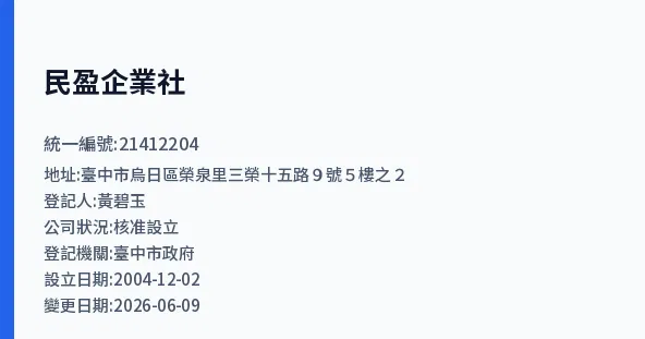 民盈企業社的照片-統編 21412204(臺中市) 公司登記資料與營業項目詳細圖表