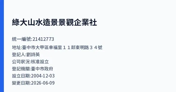綠大山水造景景觀企業社的照片-統編 21412773(臺中市) 公司登記資料與營業項目詳細圖表