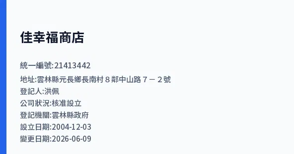 佳幸福商店的照片-統編 21413442(雲林縣) 公司登記資料與營業項目詳細圖表