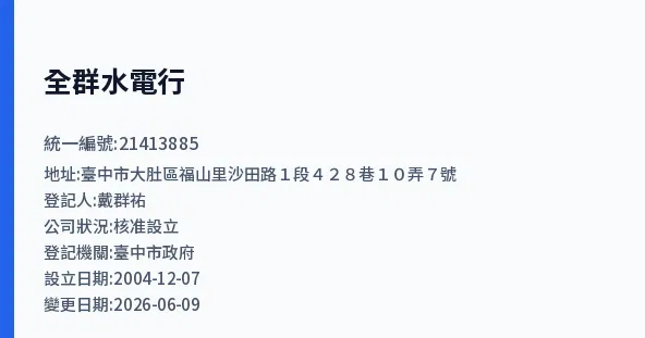 全群水電行的照片-統編 21413885(臺中市) 公司登記資料與營業項目詳細圖表