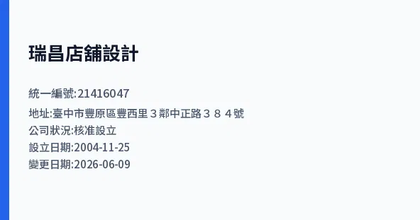 瑞昌店舖設計的照片-統編 21416047(臺中市) 公司登記資料與營業項目詳細圖表