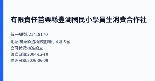 有限責任苗栗縣豐湖國民小學員生消費合作社的照片-統編 21418170(苗栗縣) 公司登記資料與營業項目詳細圖表