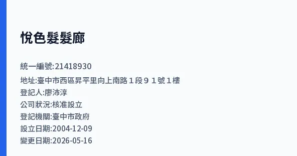 悅色髮髮廊的照片-統編 21418930(臺中市) 公司登記資料與營業項目詳細圖表