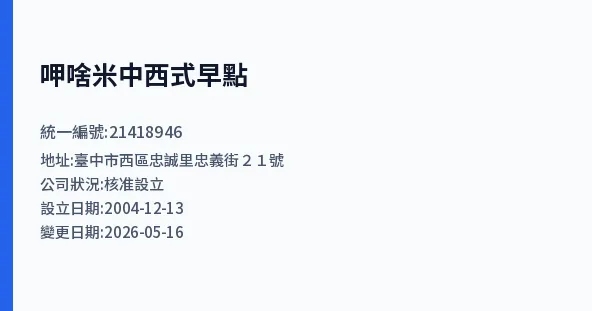 呷啥米中西式早點的照片-統編 21418946(臺中市) 公司登記資料與營業項目詳細圖表