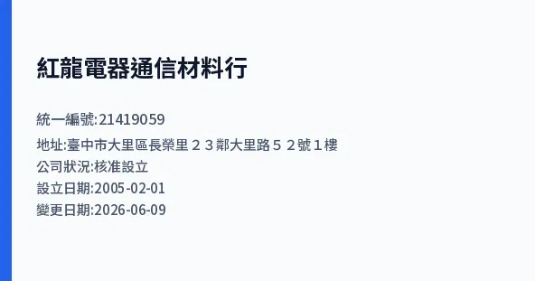 紅龍電器通信材料行的照片-統編 21419059(臺中市) 公司登記資料與營業項目詳細圖表