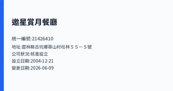 邀星賞月餐廳的照片-統編 21426410(雲林縣) 公司登記資料與營業項目詳細圖表