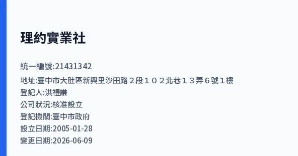 理約實業社的照片-統編 21431342(臺中市) 公司登記資料與營業項目詳細圖表