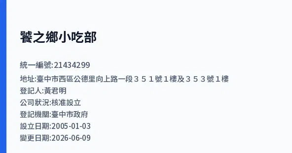 饕之鄉小吃部的照片-統編 21434299(臺中市) 公司登記資料與營業項目詳細圖表