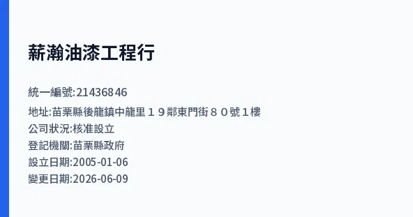 薪瀚油漆工程行的照片-統編 21436846(苗栗縣) 公司登記資料與營業項目詳細圖表