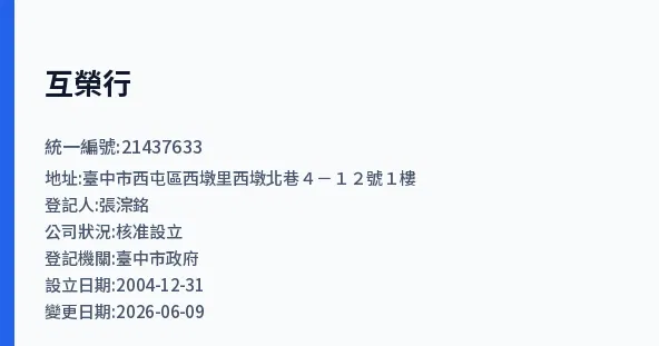 互榮行的照片-統編 21437633(臺中市) 公司登記資料與營業項目詳細圖表