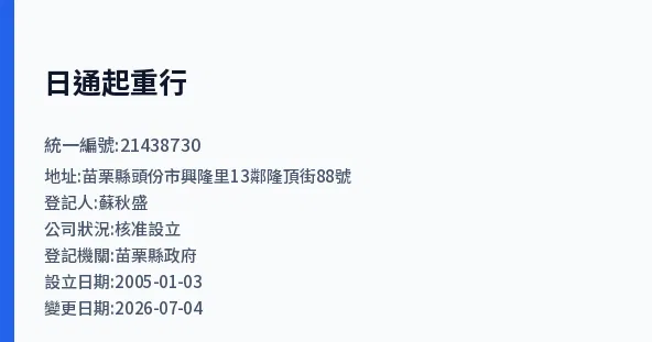 日通起重行的照片-統編 21438730(苗栗縣) 公司登記資料與營業項目詳細圖表
