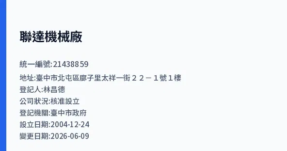 聯達機械廠的照片-統編 21438859(臺中市) 公司登記資料與營業項目詳細圖表