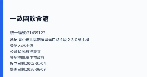 一畝園飲食館的照片-統編 21439127(臺中市) 公司登記資料與營業項目詳細圖表